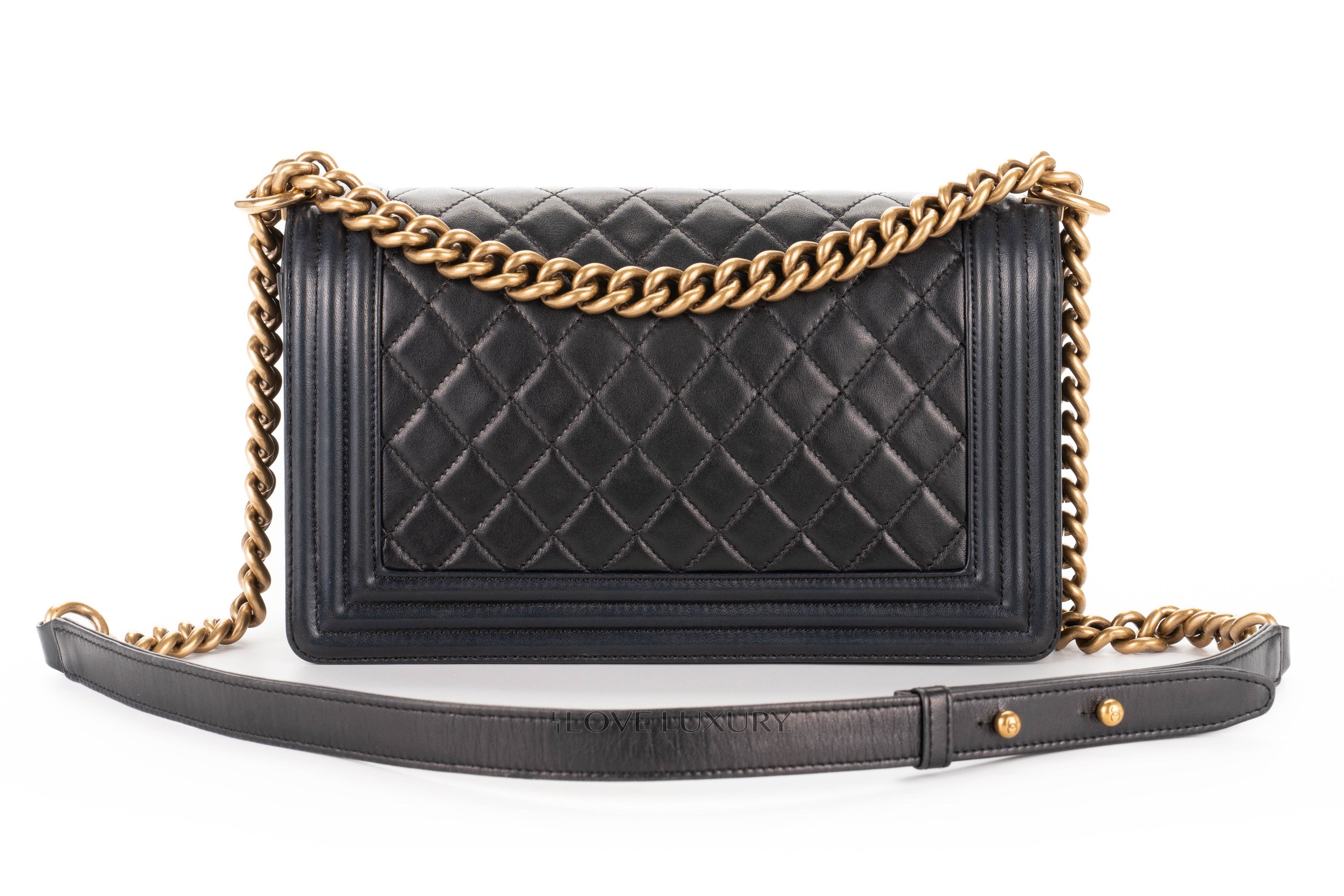 Chanel Old Medium Boy Bag Navy Lamskin Gold Hardware - Luxury Shopping