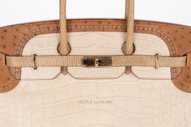 Hermès Birkin 35 Tri-Exotic Ghilies Beton Matte croc / Alezan Ostrich ...