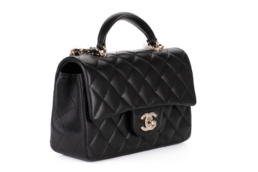 Chanel Mini Flap Bag Top Handle Lambskin Black Champagne Hardware ...
