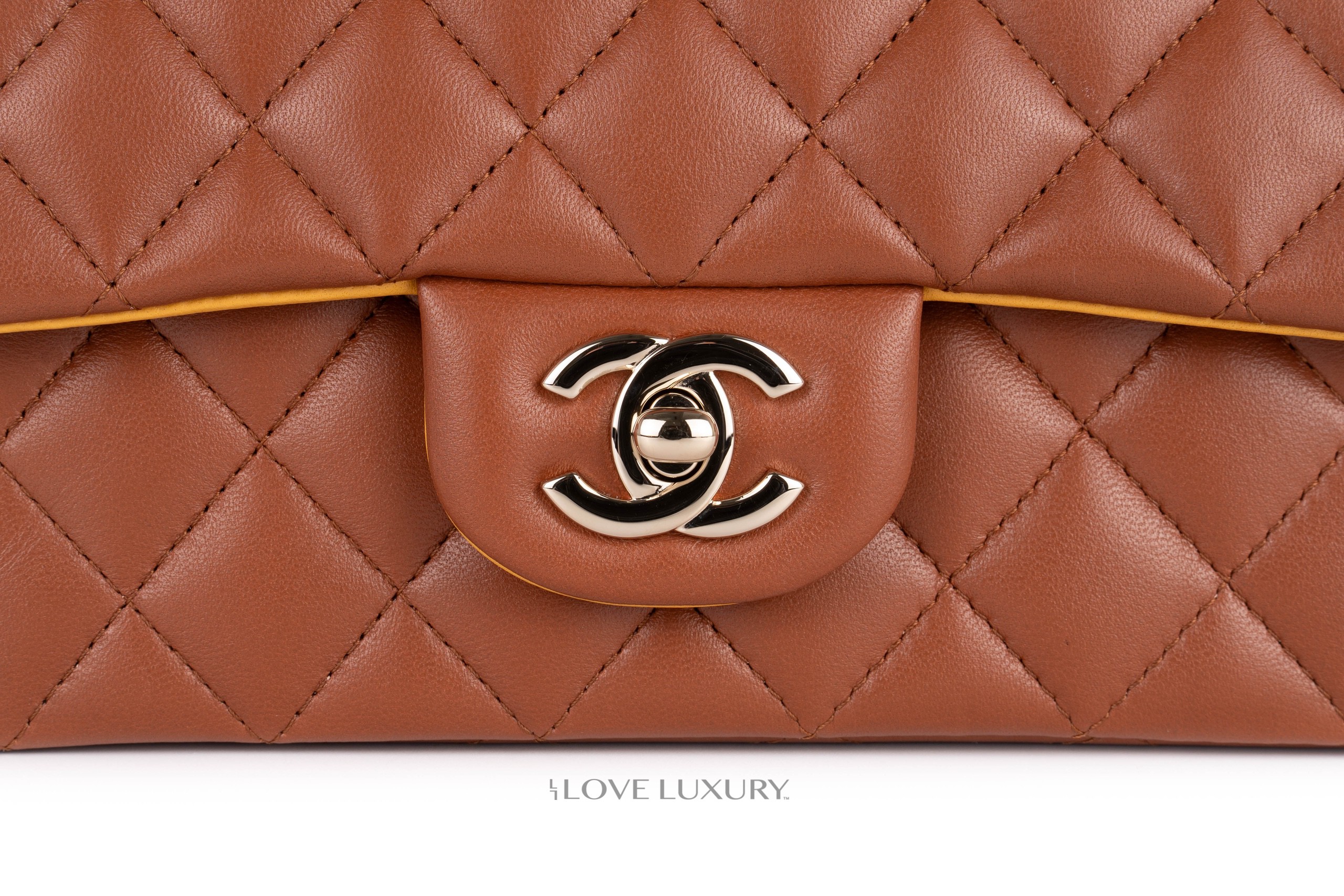 Chanel Mini Flap Bag Top Handle Brown & Yellow Lambskin Light Gold ...