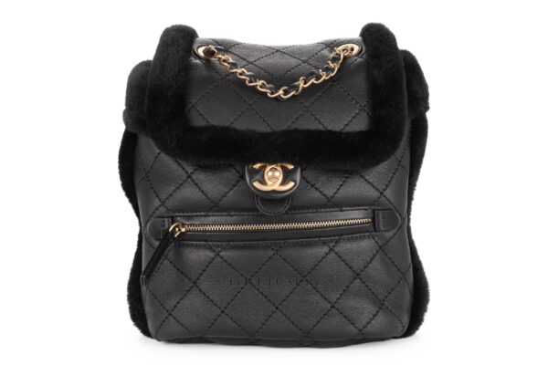 Chanel Shearling Lambskin Backpack Black Quilted CC - Luxury Shopping