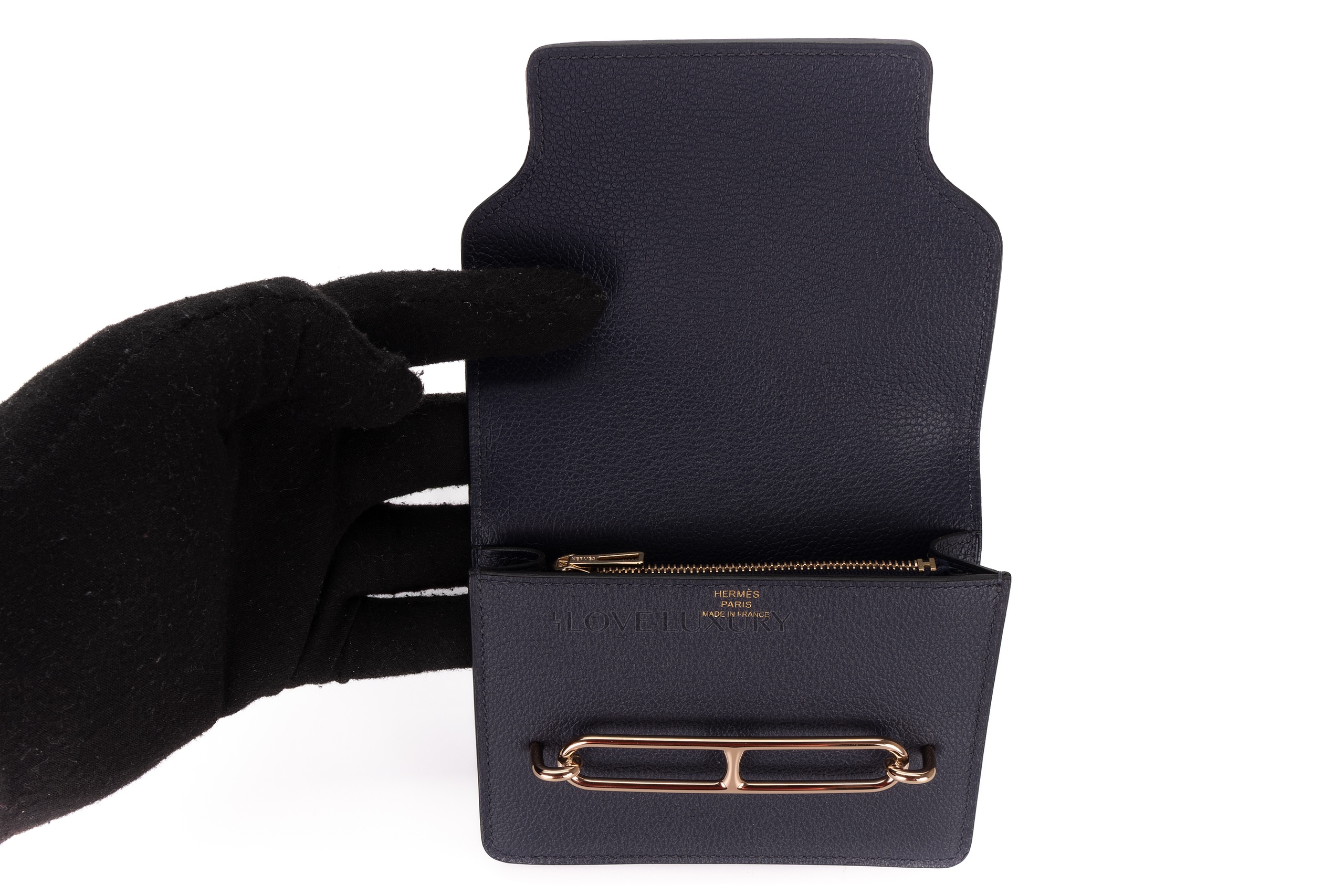 Hermès Roulis Slim Wallet Bleu Nuit Rose Gold Hardware - Luxury Shopping