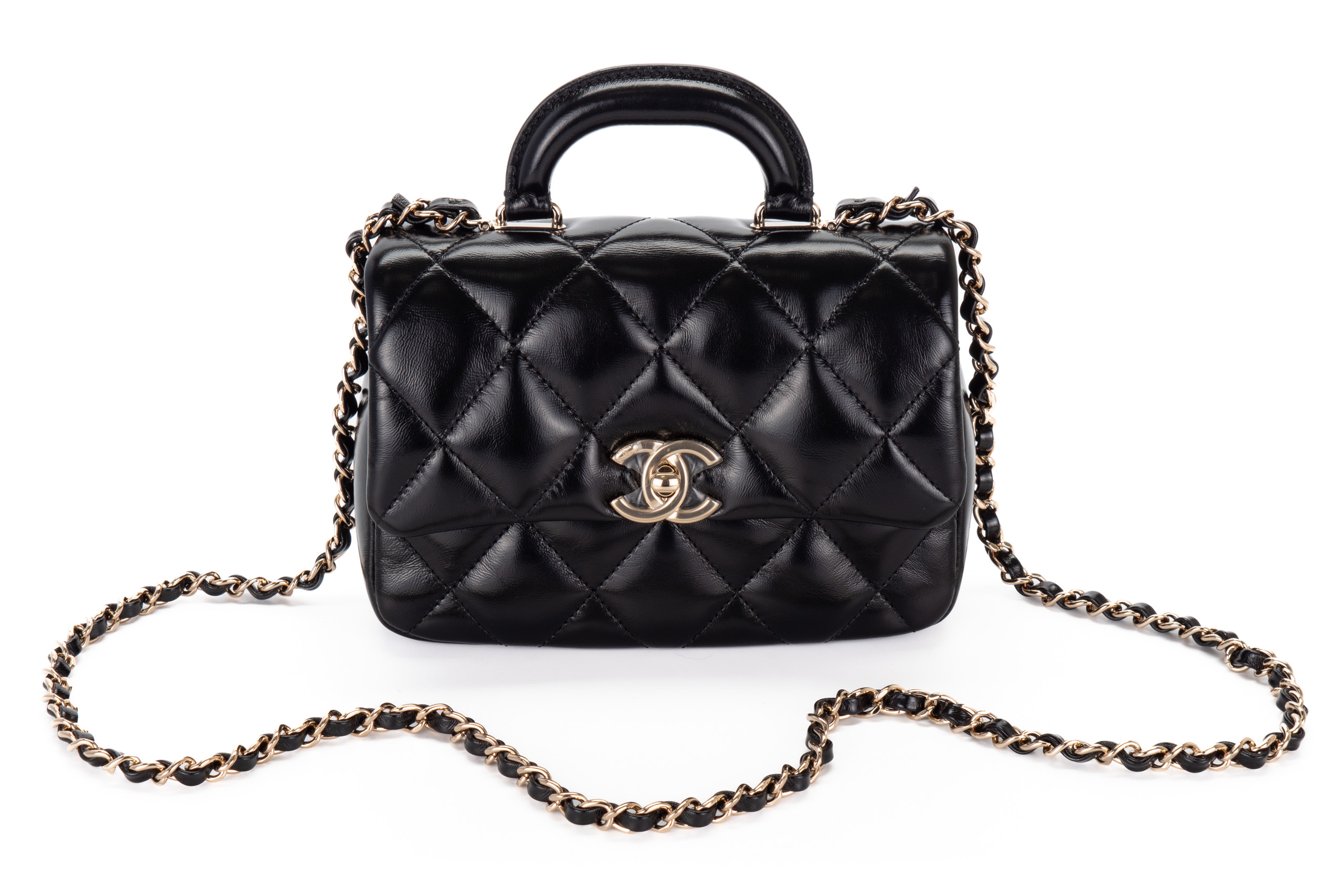 Chanel Mini Flap Top Handle Black Goatskin Light Gold Hardware - Luxury ...