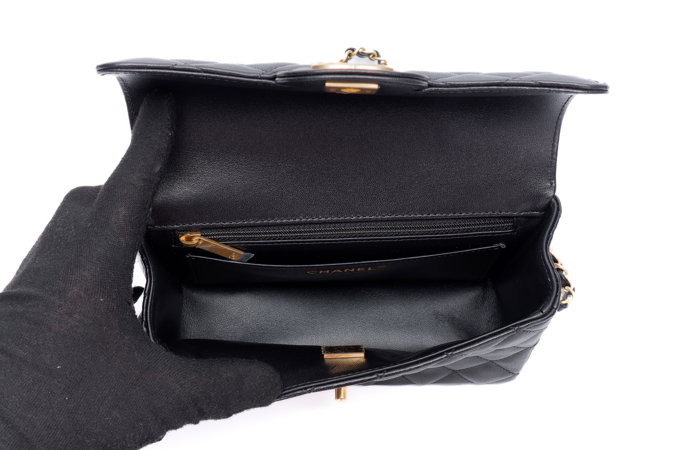 Chanel Flap Chain Top Handle Black Lambskin Gold Hardware - Luxury Shopping