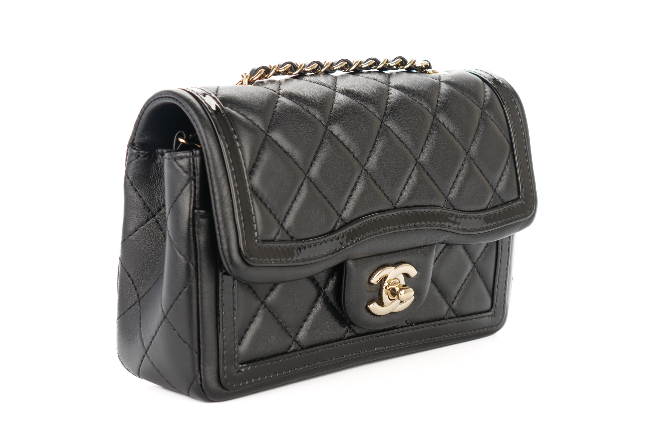 Chanel Mini Flap Black Lambskin / Patent Light Gold Hardware - Luxury ...