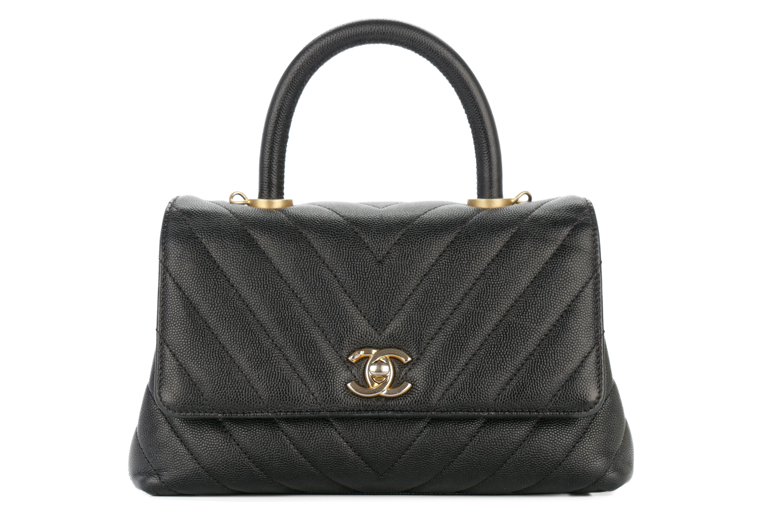 Chanel Mini Coco Top Handle Black Caviar Chevron Gold Hardware - Luxury ...