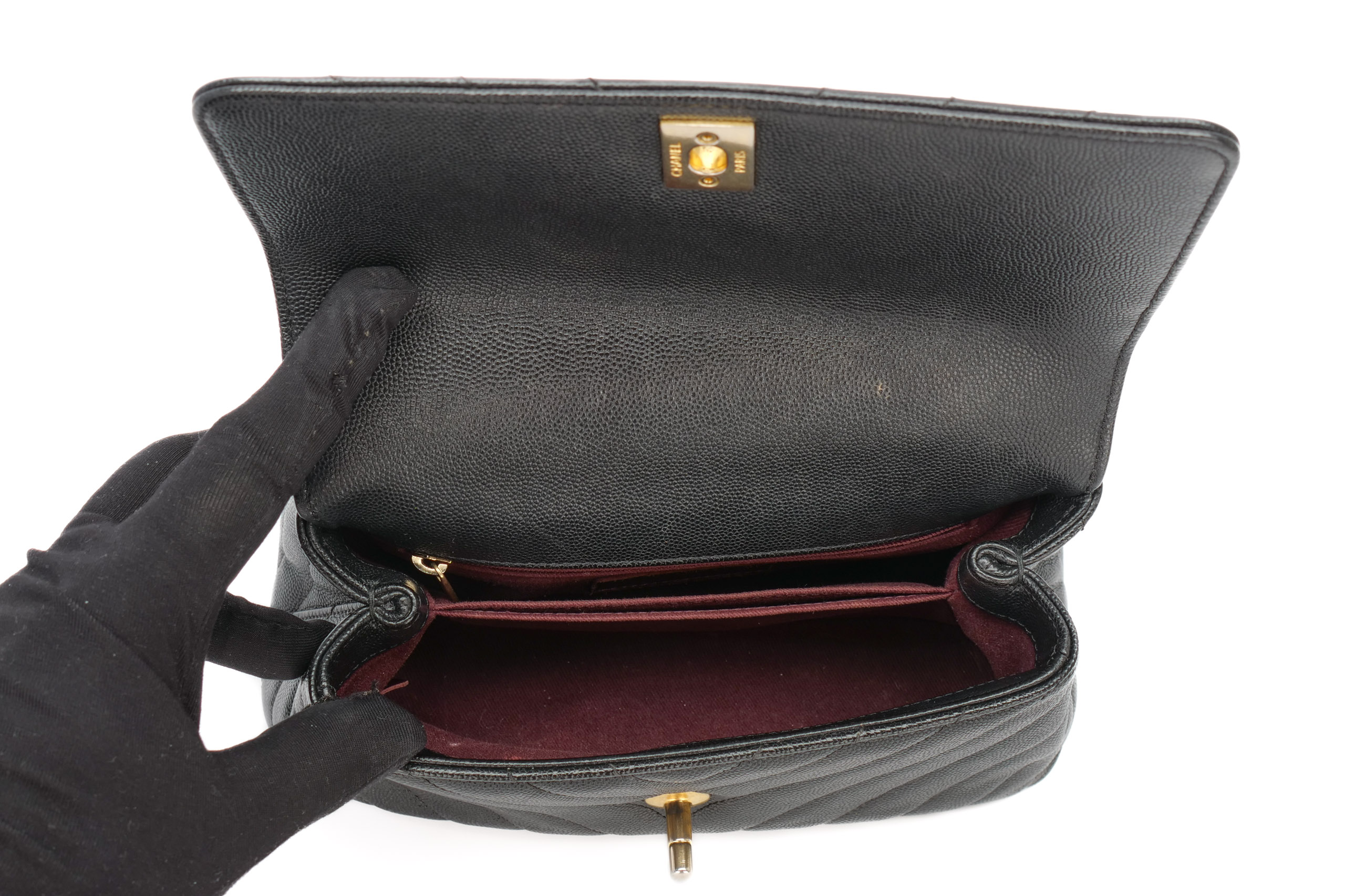 Chanel Mini Coco Top Handle Black Caviar Chevron Gold Hardware - Luxury ...