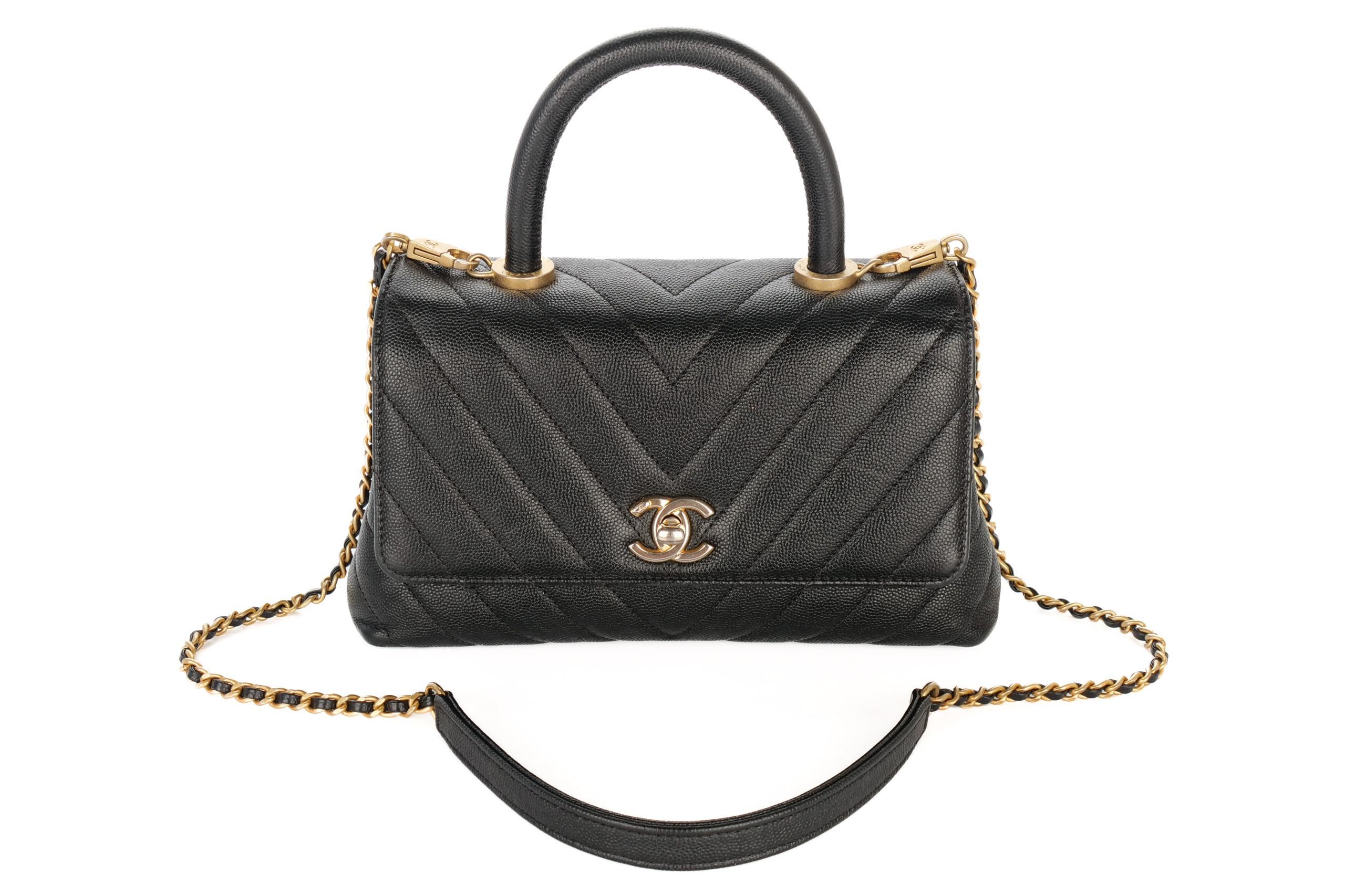 Chanel Mini Coco Top Handle Black Caviar Chevron Gold Hardware - Luxury ...