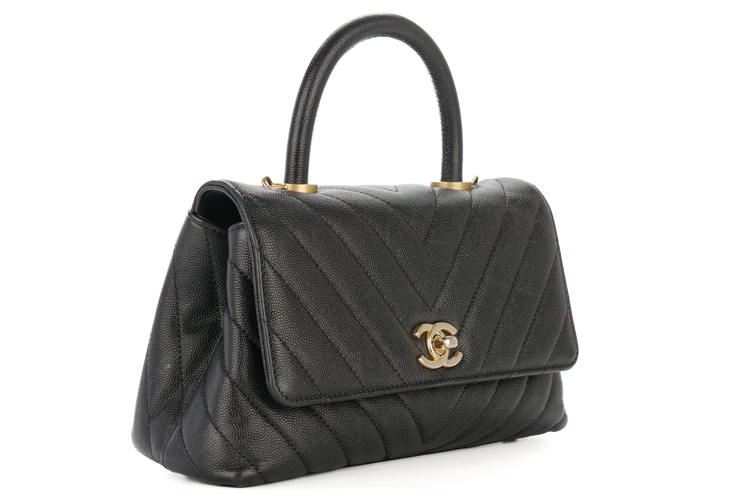 Chanel Mini Coco Top Handle Black Caviar Chevron Gold Hardware - Luxury ...