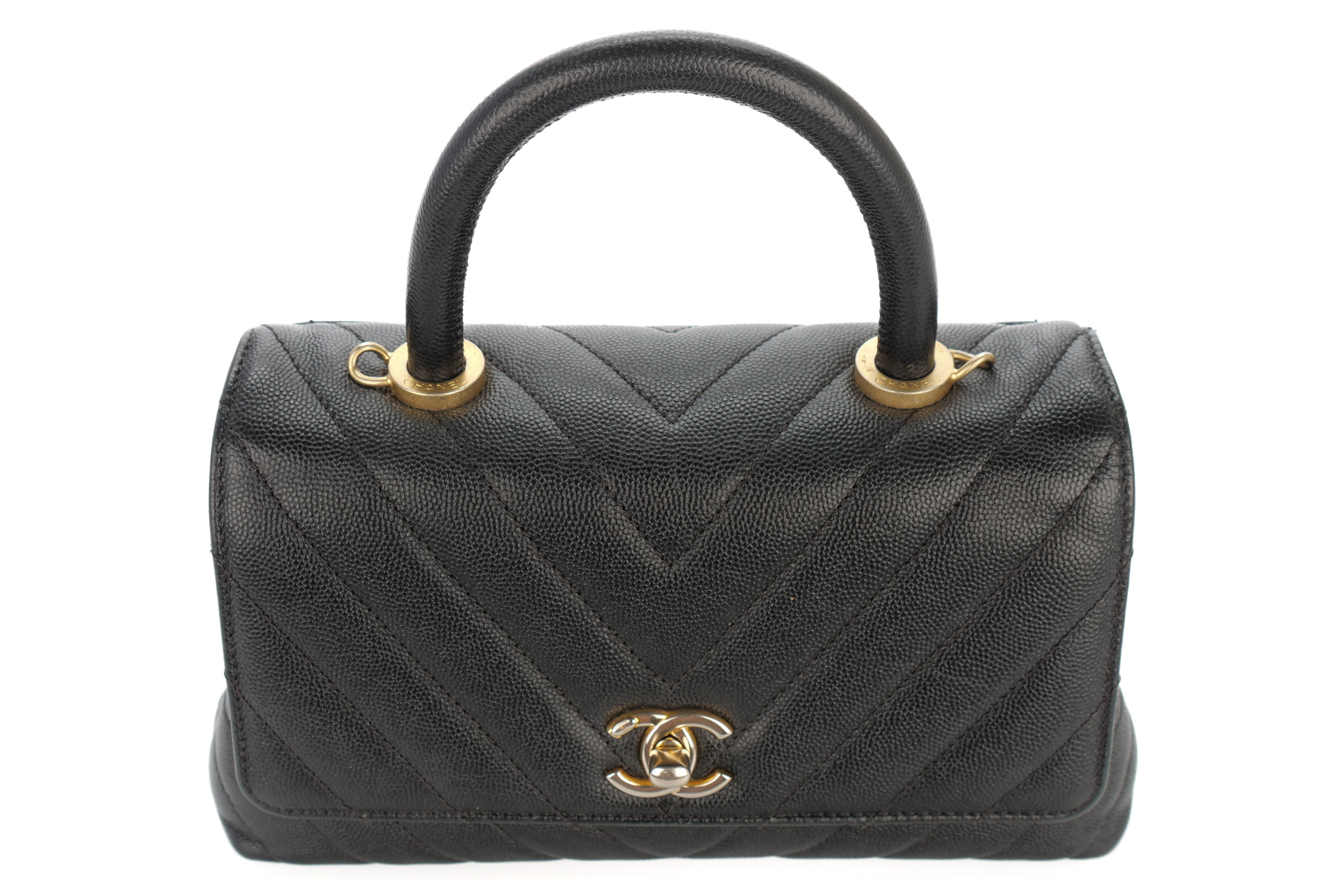 Chanel Mini Coco Top Handle Black Caviar Chevron Gold Hardware - Luxury ...