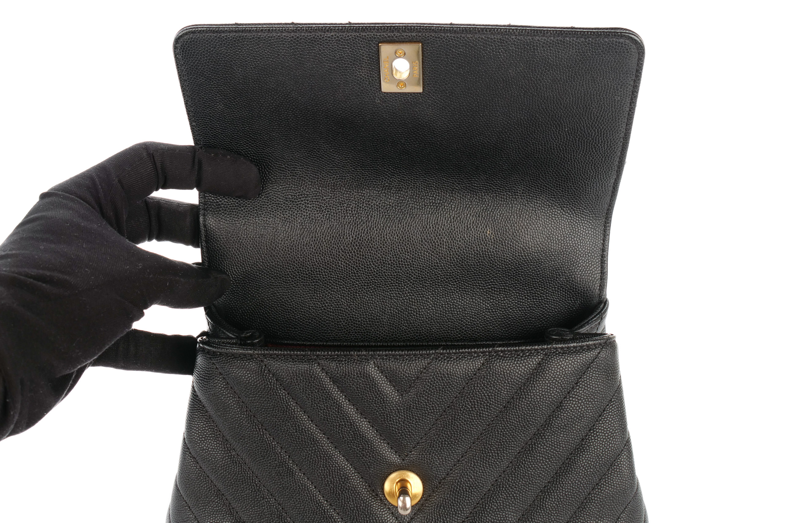 Chanel Mini Coco Top Handle Black Caviar Chevron Gold Hardware - Luxury ...